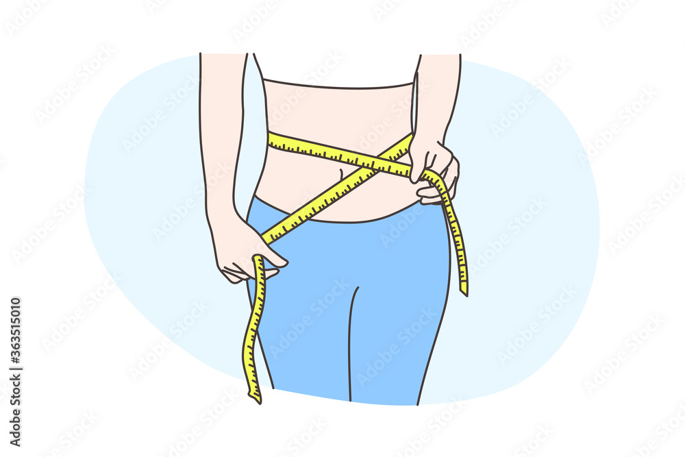 Diet, health, care, measurement, body concept. Young slim woman or girl ...