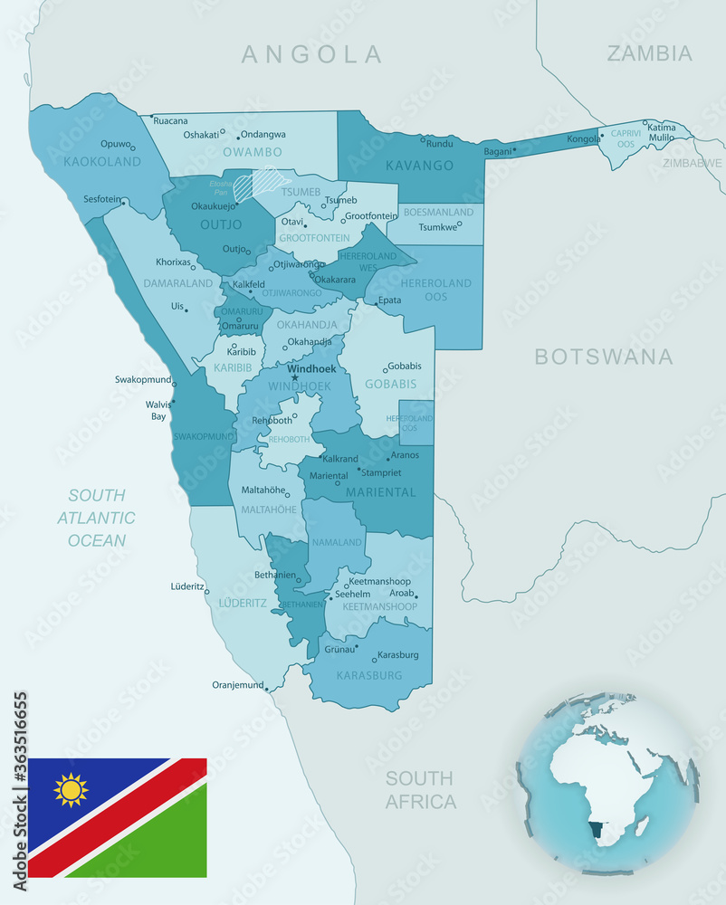 Blue-green detailed map of Namibia administrative divisions with ...