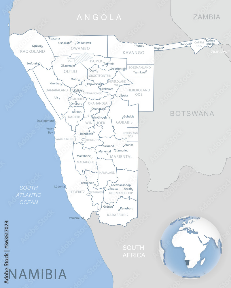 Blue-gray detailed map of Namibia administrative divisions and location ...