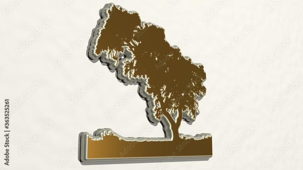 TREE from a perspective on the wall. A thick sculpture made of metallic ...