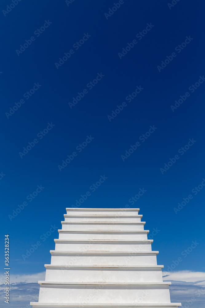 White stairs on beautiful sky background. White wooden walkway. Walk ...