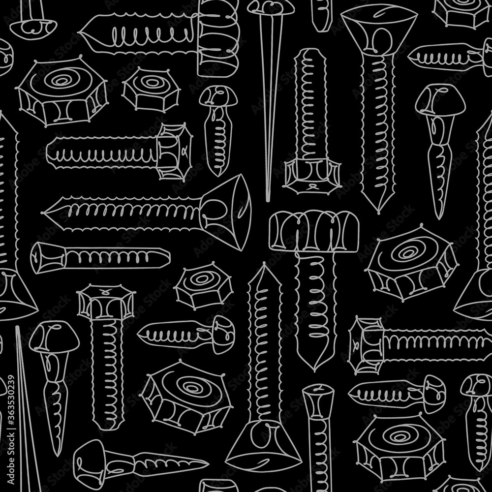Seamless texture fasteners screws bolts and nuts, doodle style, black ...