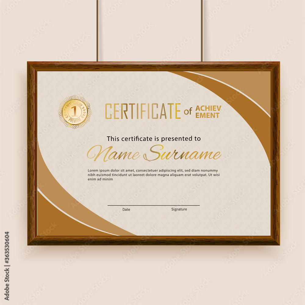 Official beige certificate with brown realistic border on white wall ...