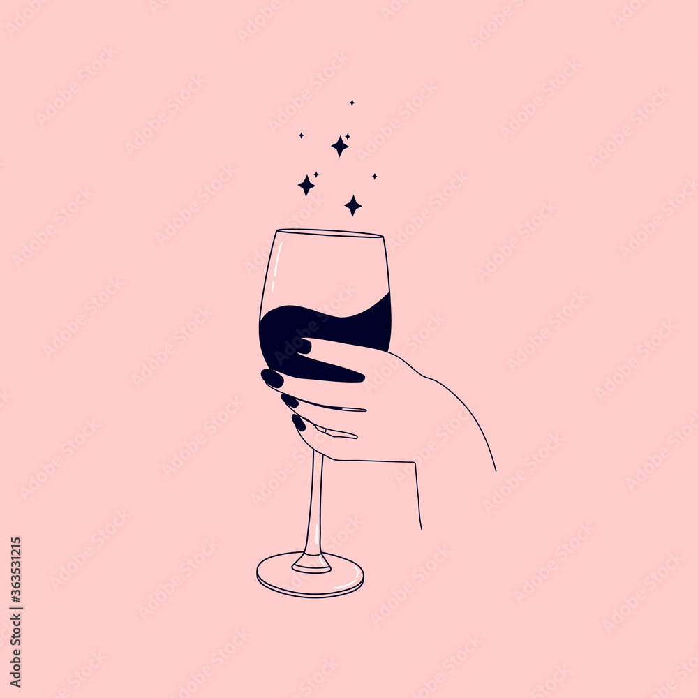 Linear logo or emblem template - a glass of wine in the hands. Abstract ...