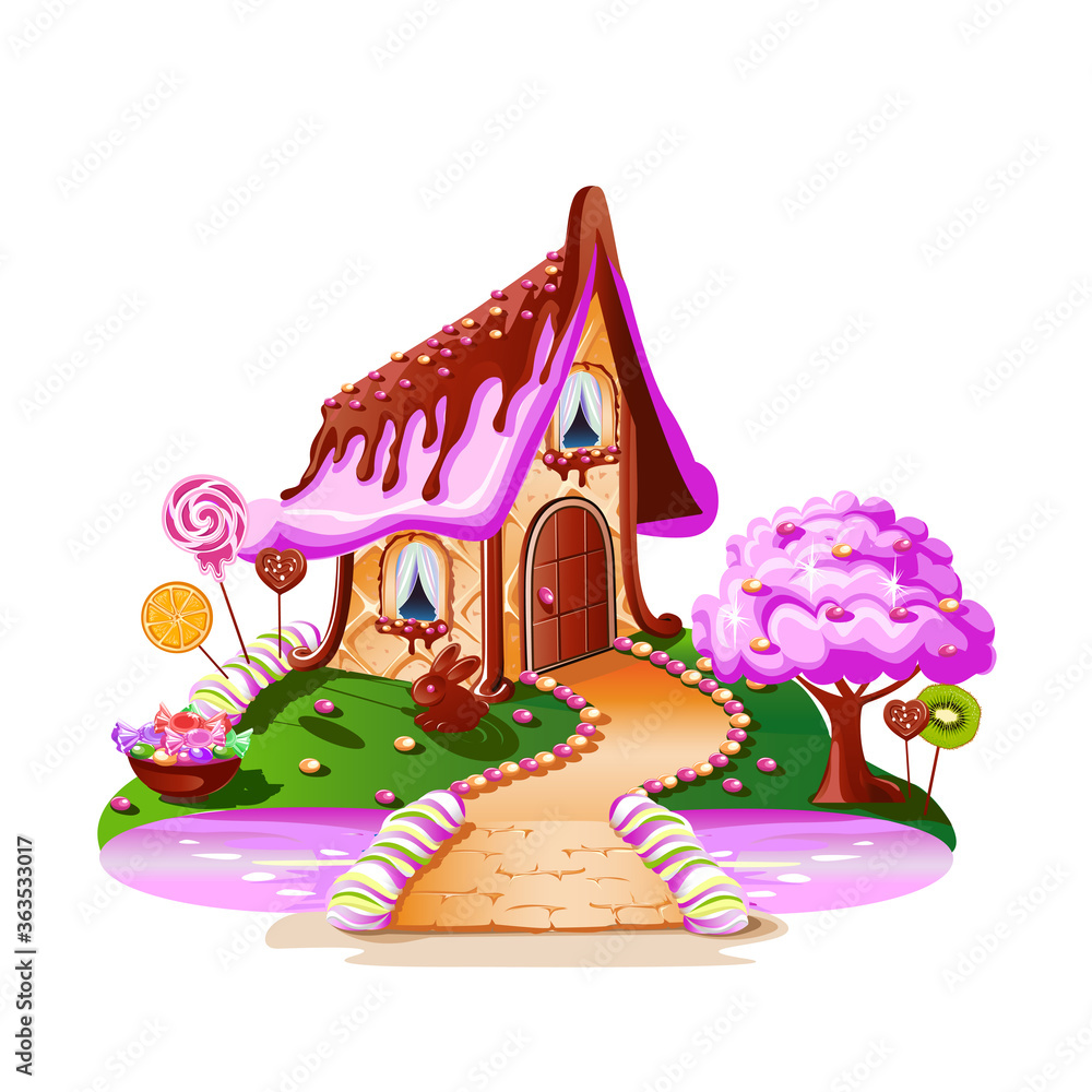Sweet house on candy land. Fairytale house surrounded by sweets ...