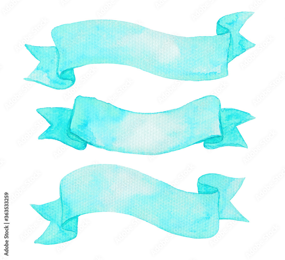 Set of watercolor blue ribbon banners, hand drawn lines collection ...