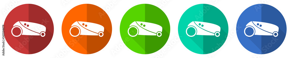 Robot, automatic grass mower icon set, red, blue, green and orange flat ...