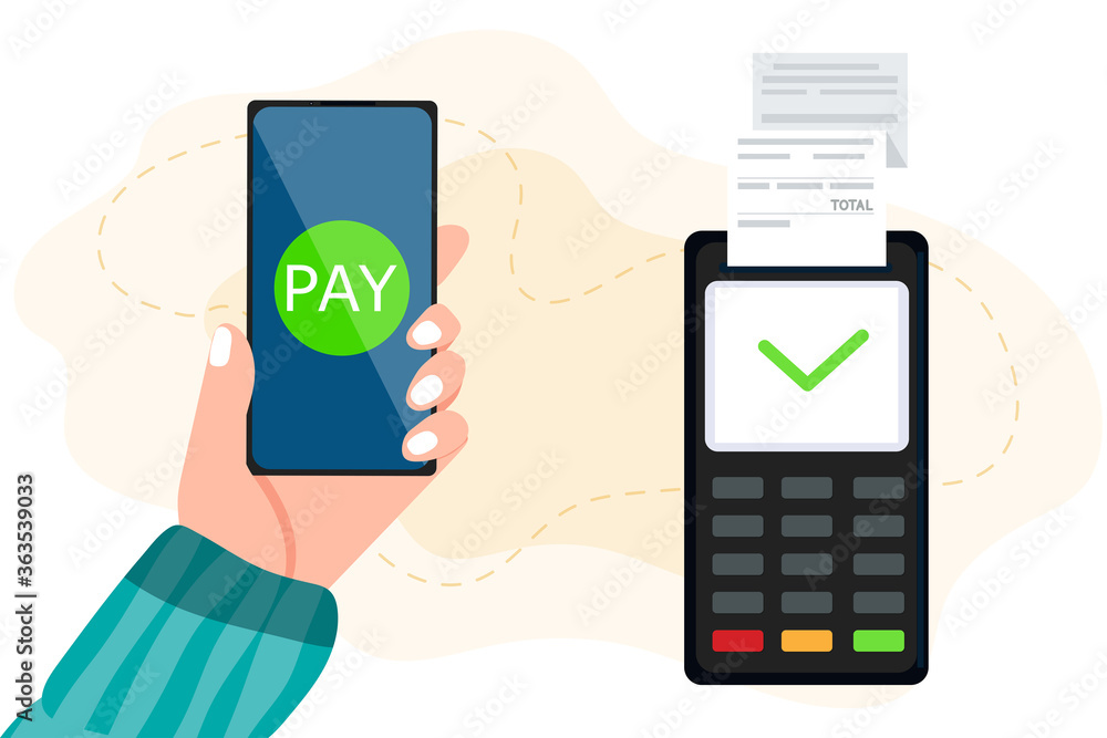 Vector stock illustration of mobile payment via smartphone. Hand holds ...