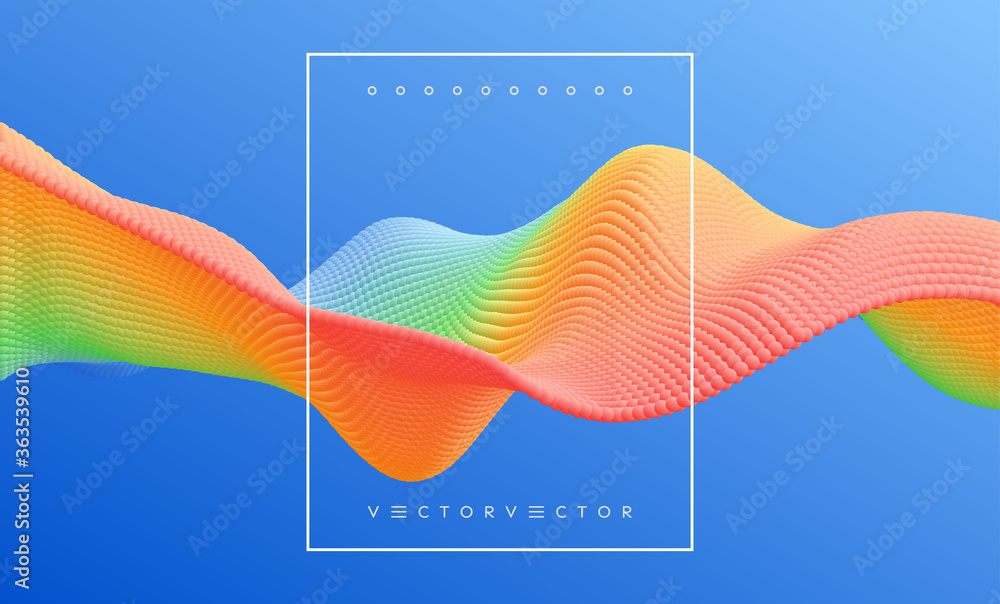3D wavy background. Array with dynamic emitted particles. A wave formed ...