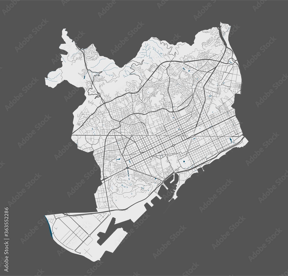 Barcelona map. Detailed map of Barcelona city poster with streets ...