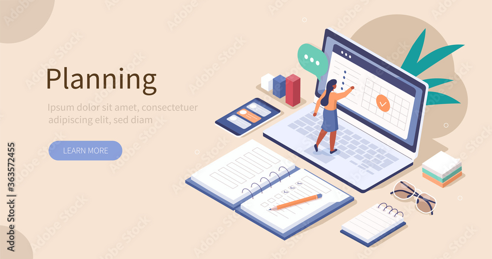 Woman Planing and Putting Check Mark on Laptop Screen. Office Desk with ...