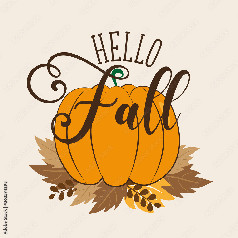 Hello Fall Autumn Greeting Text With Pumpkin And Leaves Good For