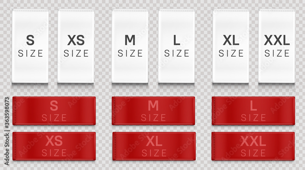 Red white cloth labels with size for apparel, brand tags S, L, M, XL ...