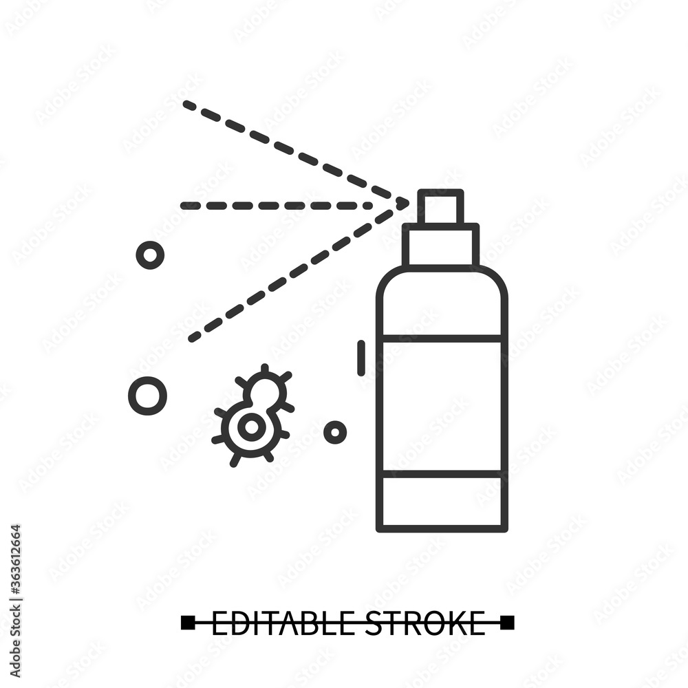 Antibacterial spray icon. Antiseptic solution bottle linear pictogram ...
