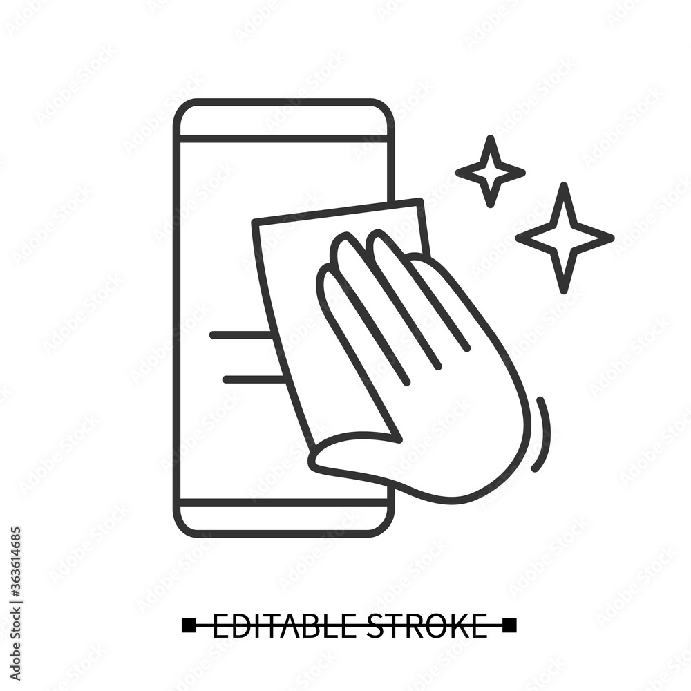 Smartphone disinfection icon. Wiping mobile phone display with cleaning ...
