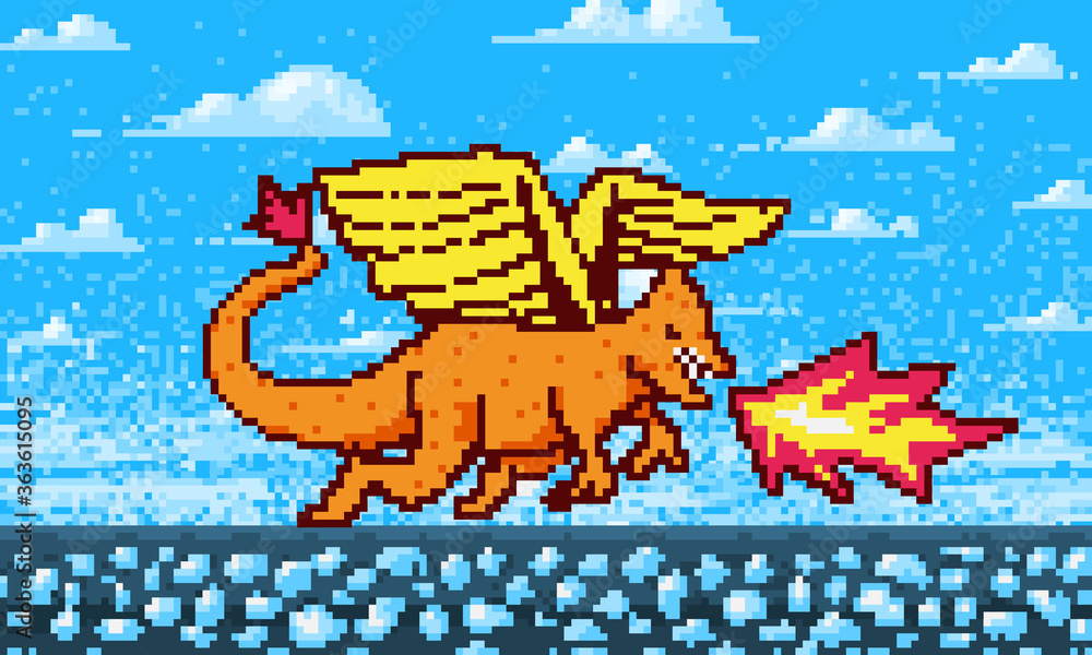 Fire dragon and clouds. Game concept. Pixel art 8 bit objects. Retro ...