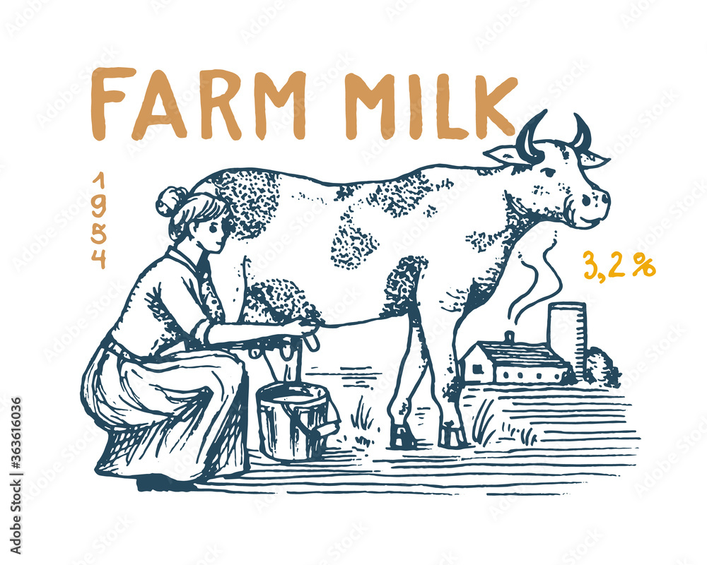 Milk label. Cow and woman farmer, milkmaid and jug and meadow. Farm ...
