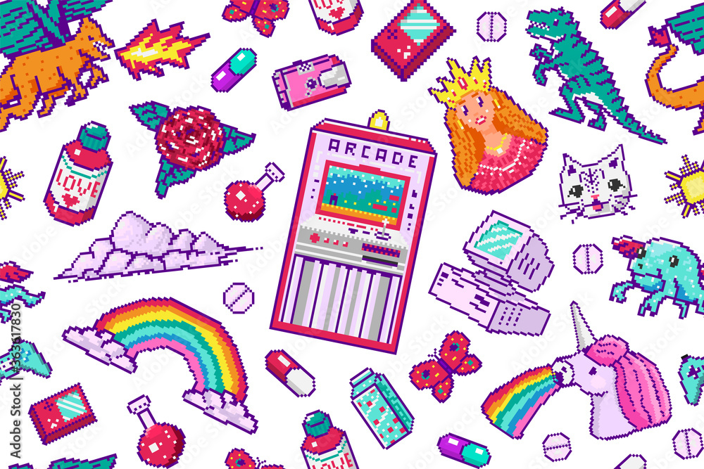 Pixel art 8 bit objects Seamless pattern. Retro digital game assets. Set of Pink fashion icons ...