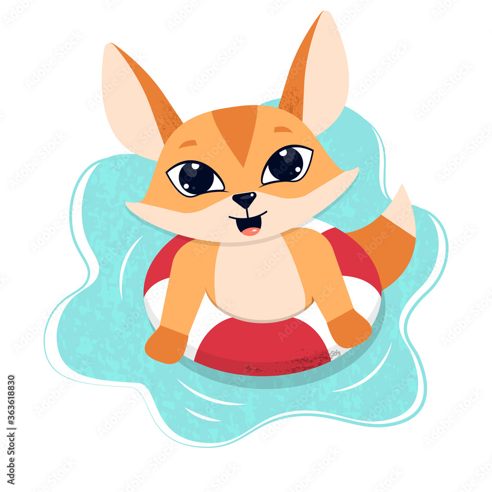 Cute little red fox cub. Cartoon character is swimming with a circle ...