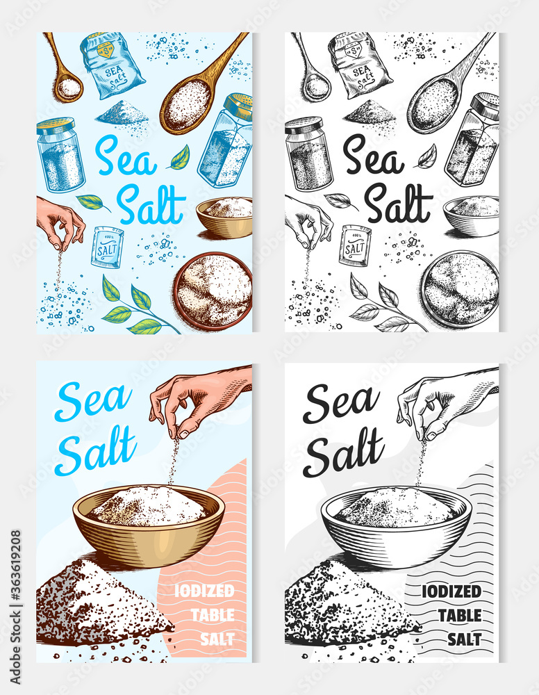 Sea salt posters and banners. Vintage labels. Glass bottles, packaging ...