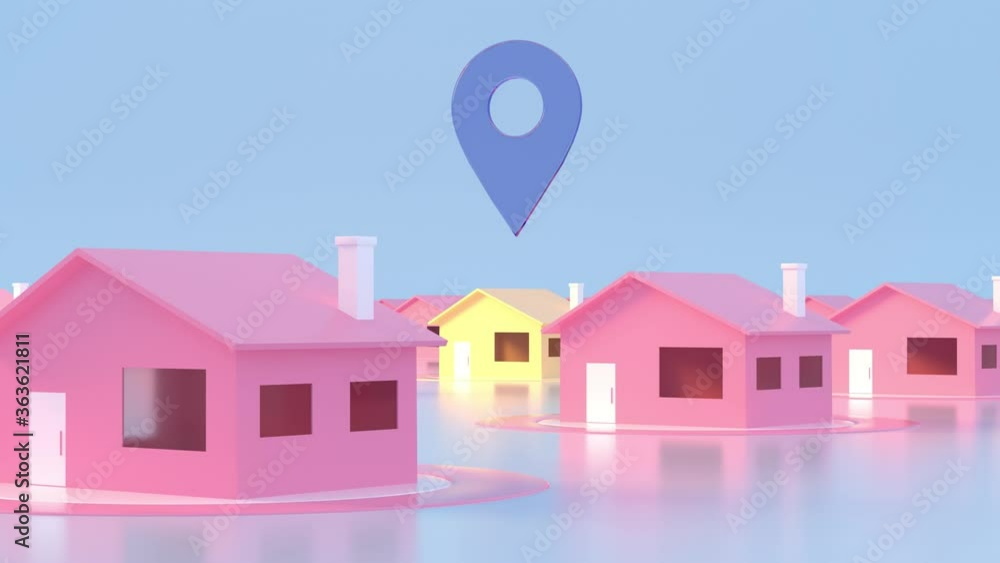 Close-up looping animation of a house with location marker. 3D Map of ...