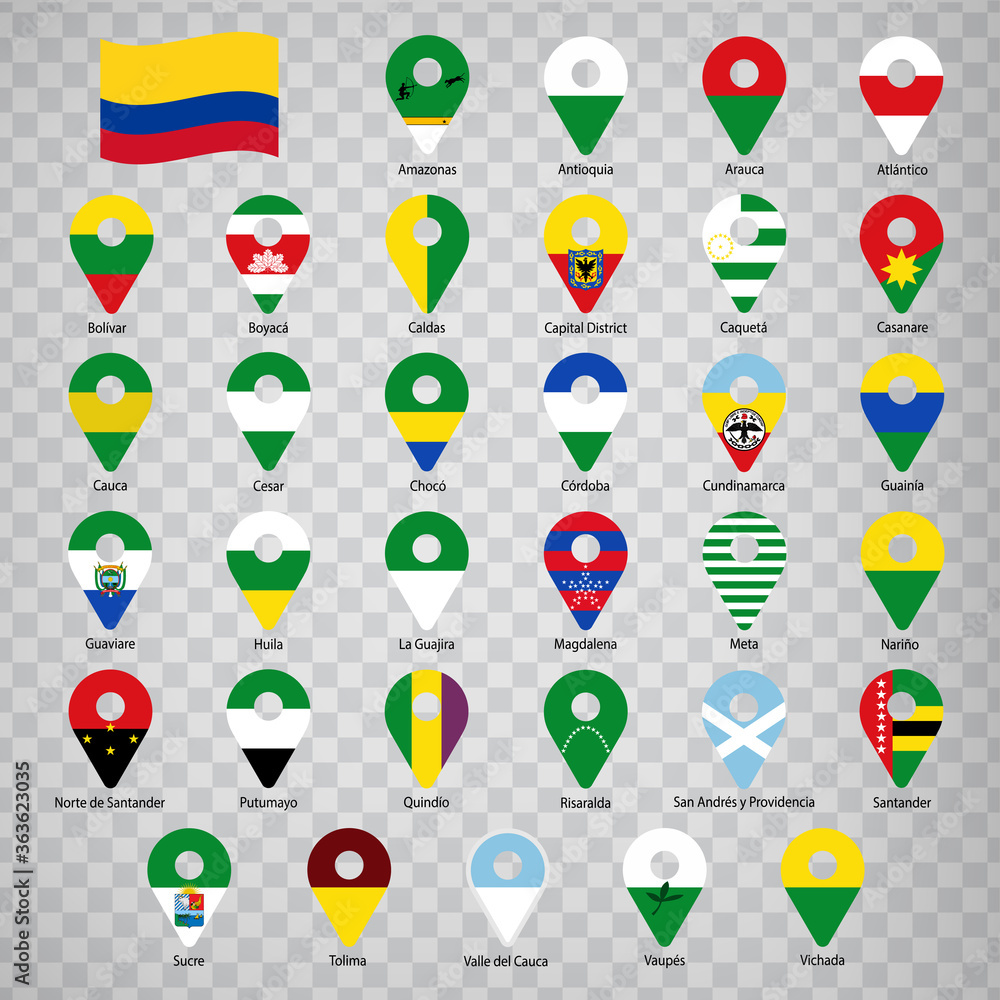 Thirty three flags states of Colombia - alphabetical order with name ...