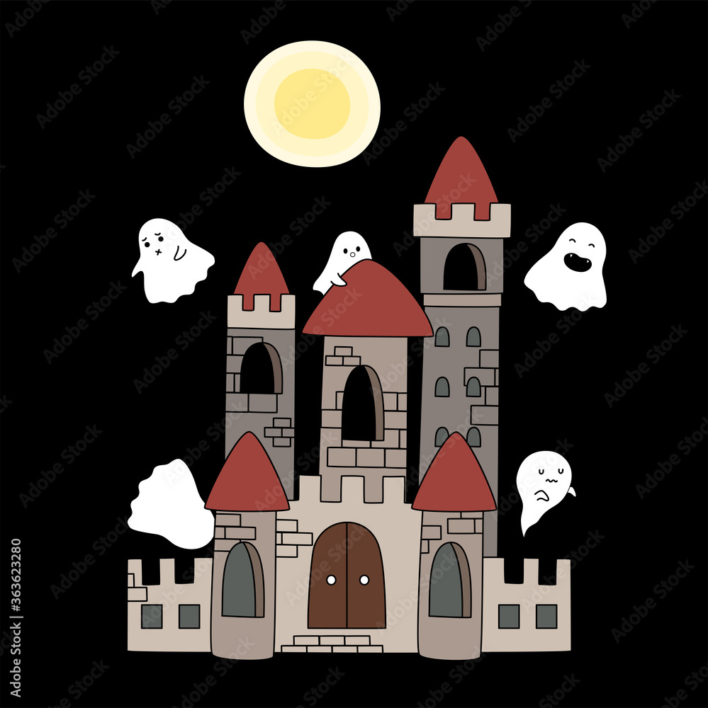 Cartoon of ghost friends fly and play together at the castle over the ...