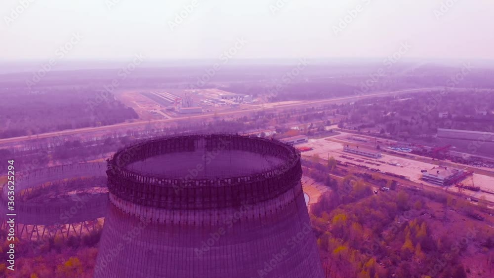 Chernobyl Nuclear Power Plant, Ukraine. Toned art video at violet color ...