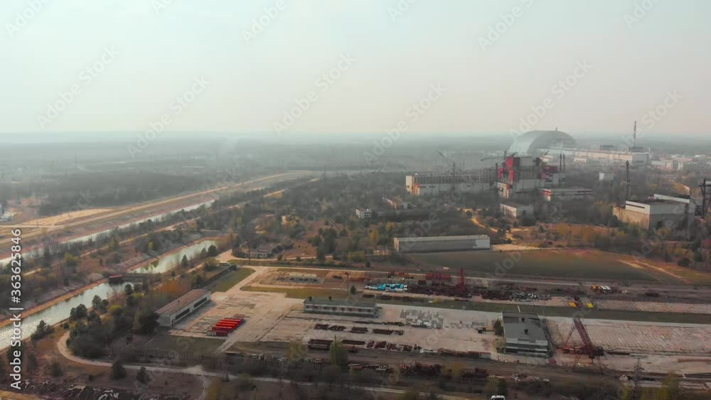 Landscape top view of nuclear power plant in Chernobyl. Territory near ...