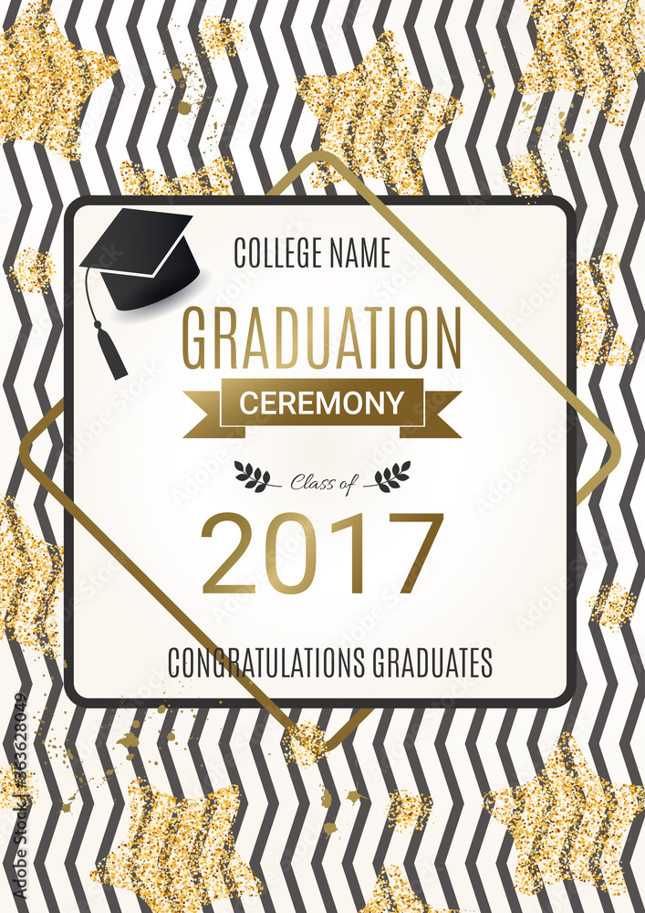 Graduation ceremony poster design with golden stars. Congratulations ...