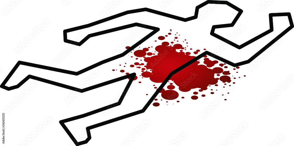 Crime scene outline of a body on the ground with a blood spatter. Stock ...