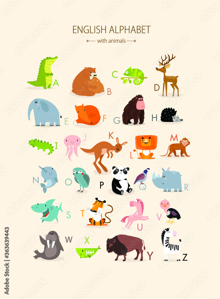Vector english alphabet with animals for children. educational poster ...
