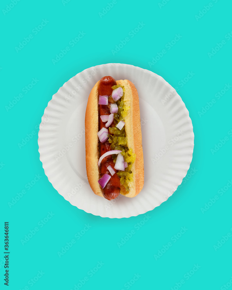 Flat Lay Hot Dog in Bun Still Life. Fankfurter in bun with relish and ...