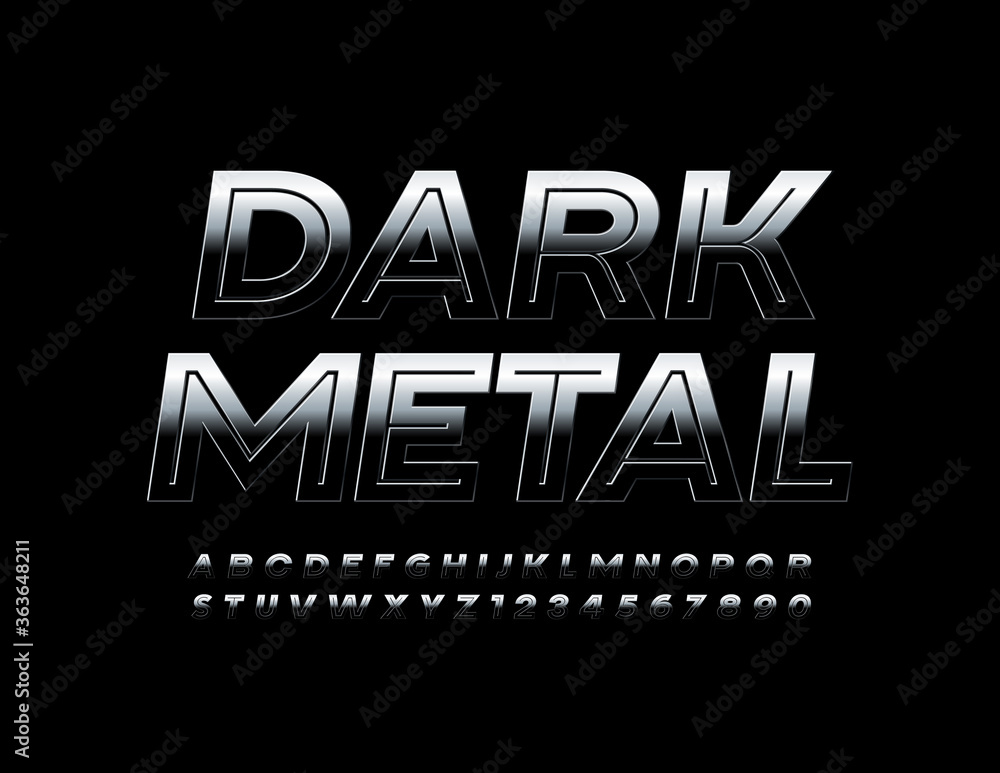 Vector Dark Metal Font with Line. Silver and Black Alphabet Letters and ...