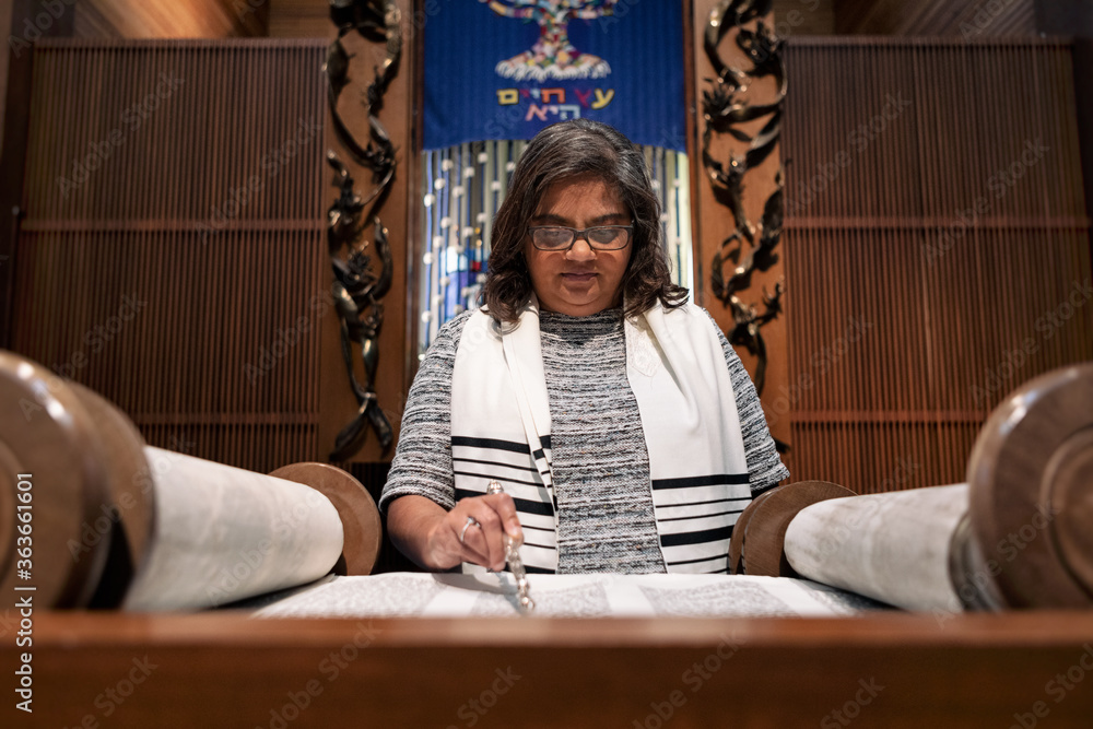 Synagogue: Woman Congregant Reading From The Torah Stock Photo | Adobe ...
