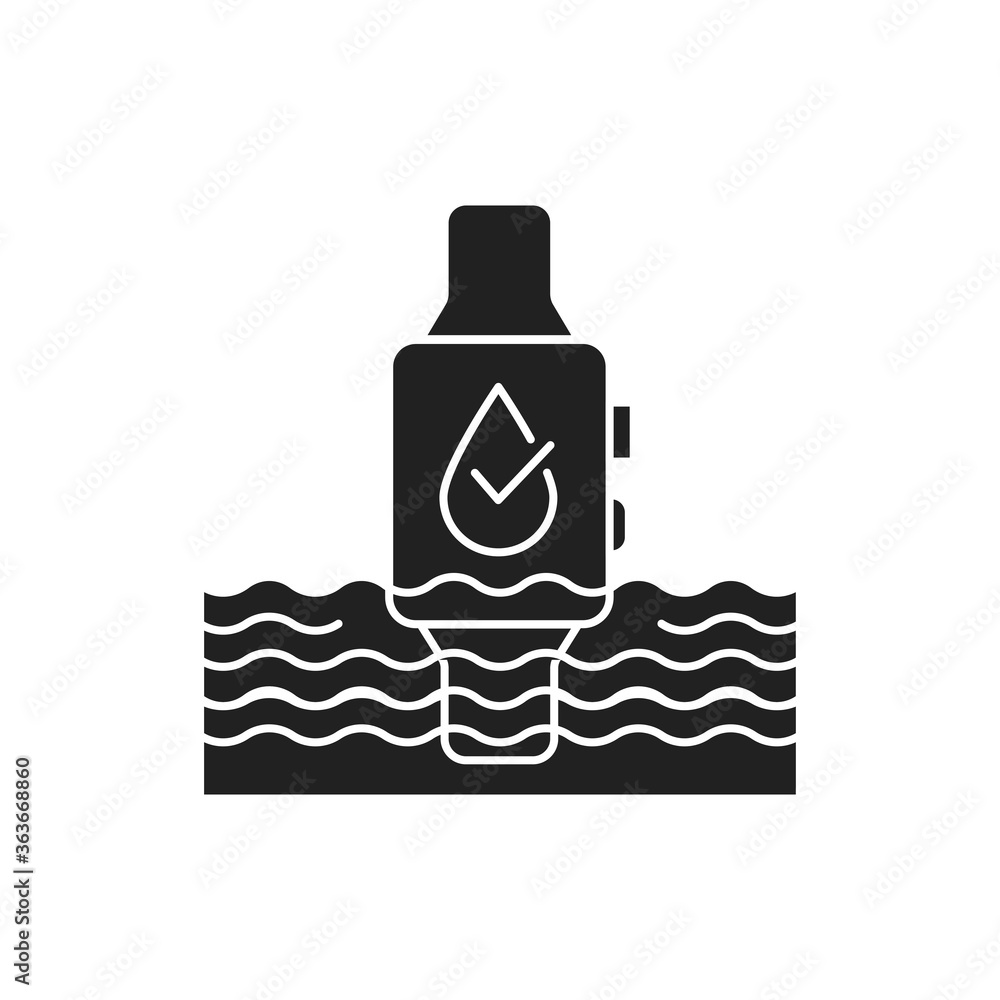Waterproof smart watch black glyph icon. Water repellent device concept ...