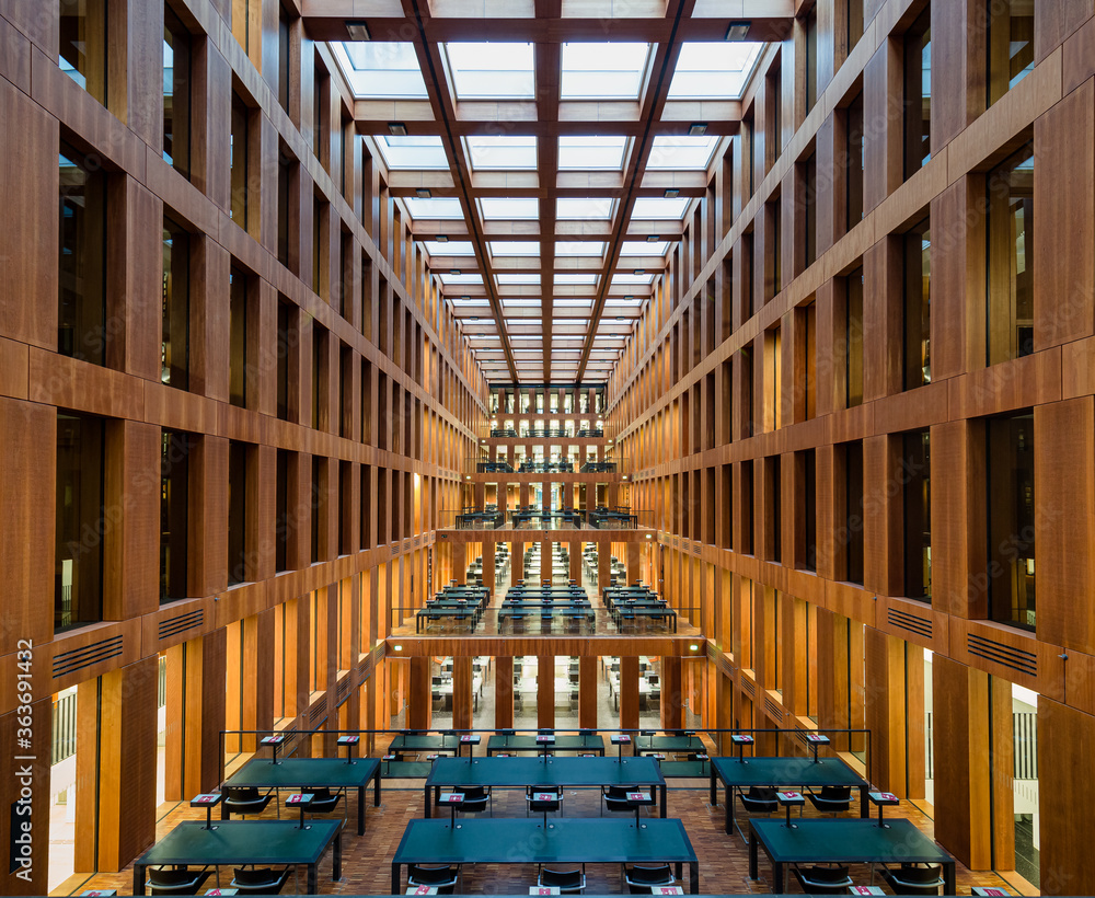 Berlin, Germany: modern cubical interior of the Jacob and Wilhelm Grimm ...