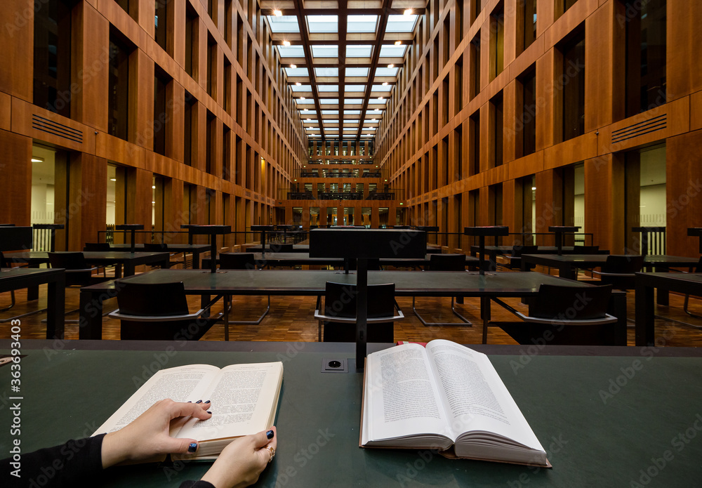 Berlin, Germany: modern cubical interior of the Jacob and Wilhelm Grimm ...