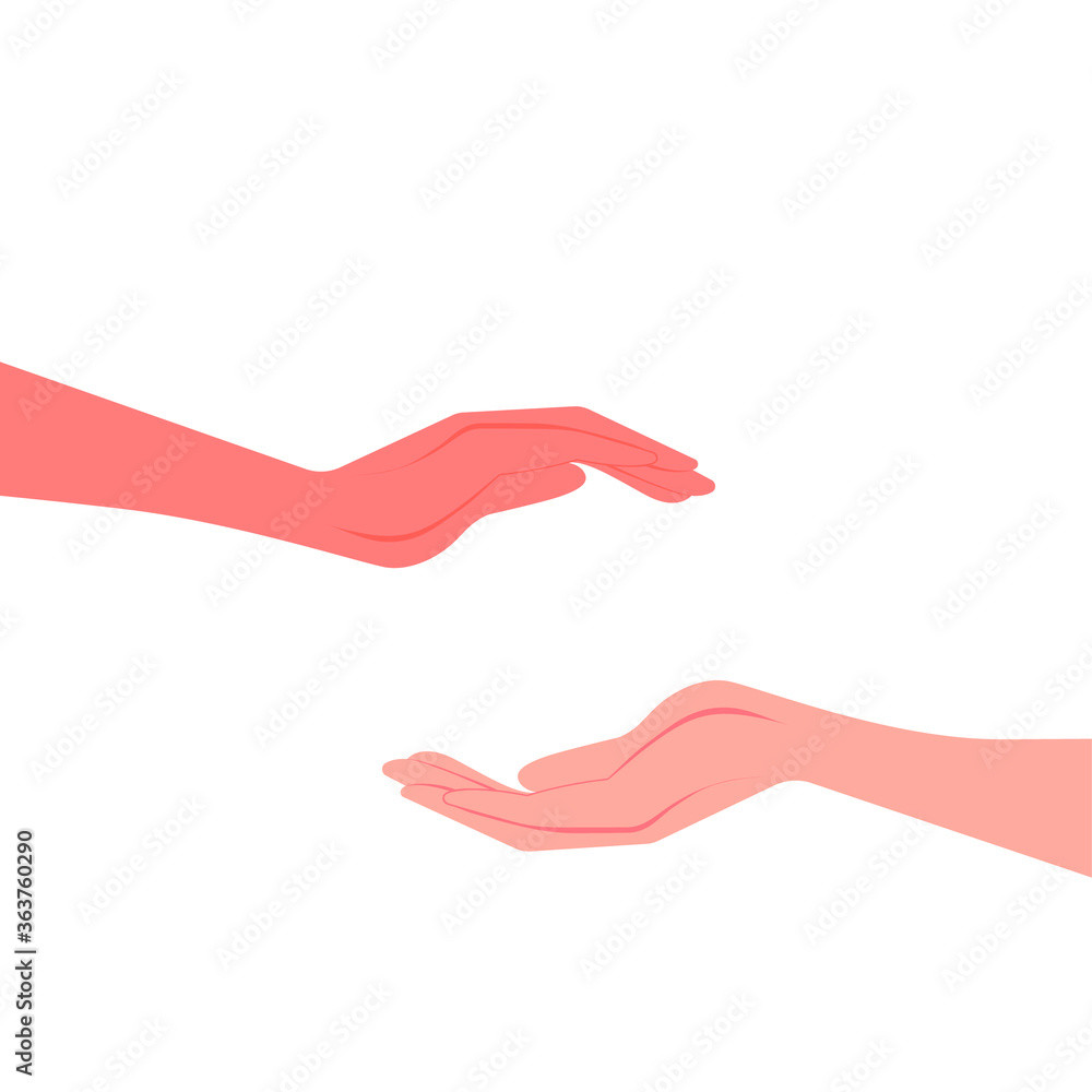 Two different hands of two people in a gesture of guard, care, protect ...