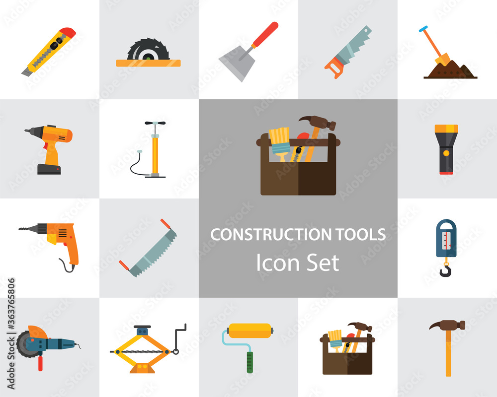 Construction tools icon set. Saw, hammer, drill, screwdriver, toolbox ...