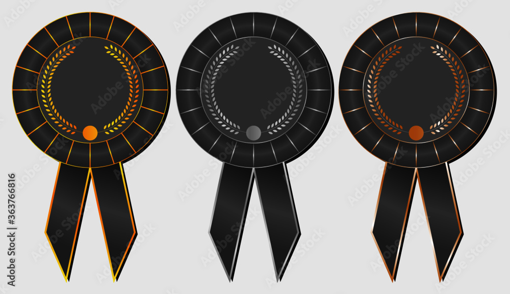 Set of Medals. Gold Silver Bronze. tag set with Ribbon. label. Champion ...