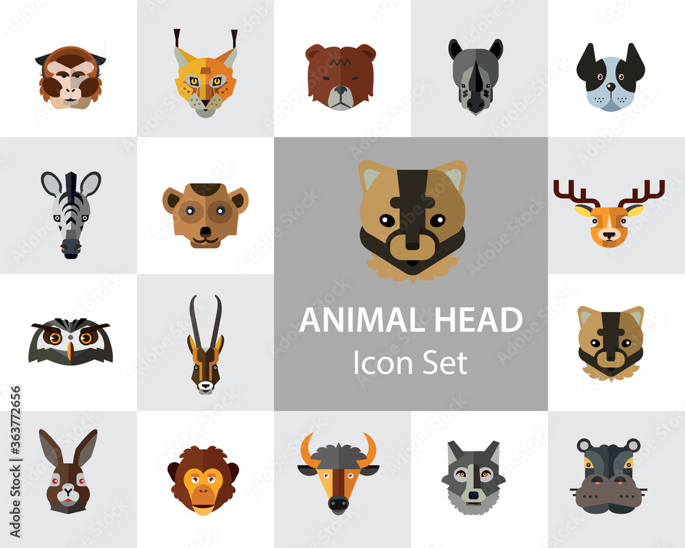 Animal head icon set. Cute wild cartoon animals, bear, monkey, lion ...