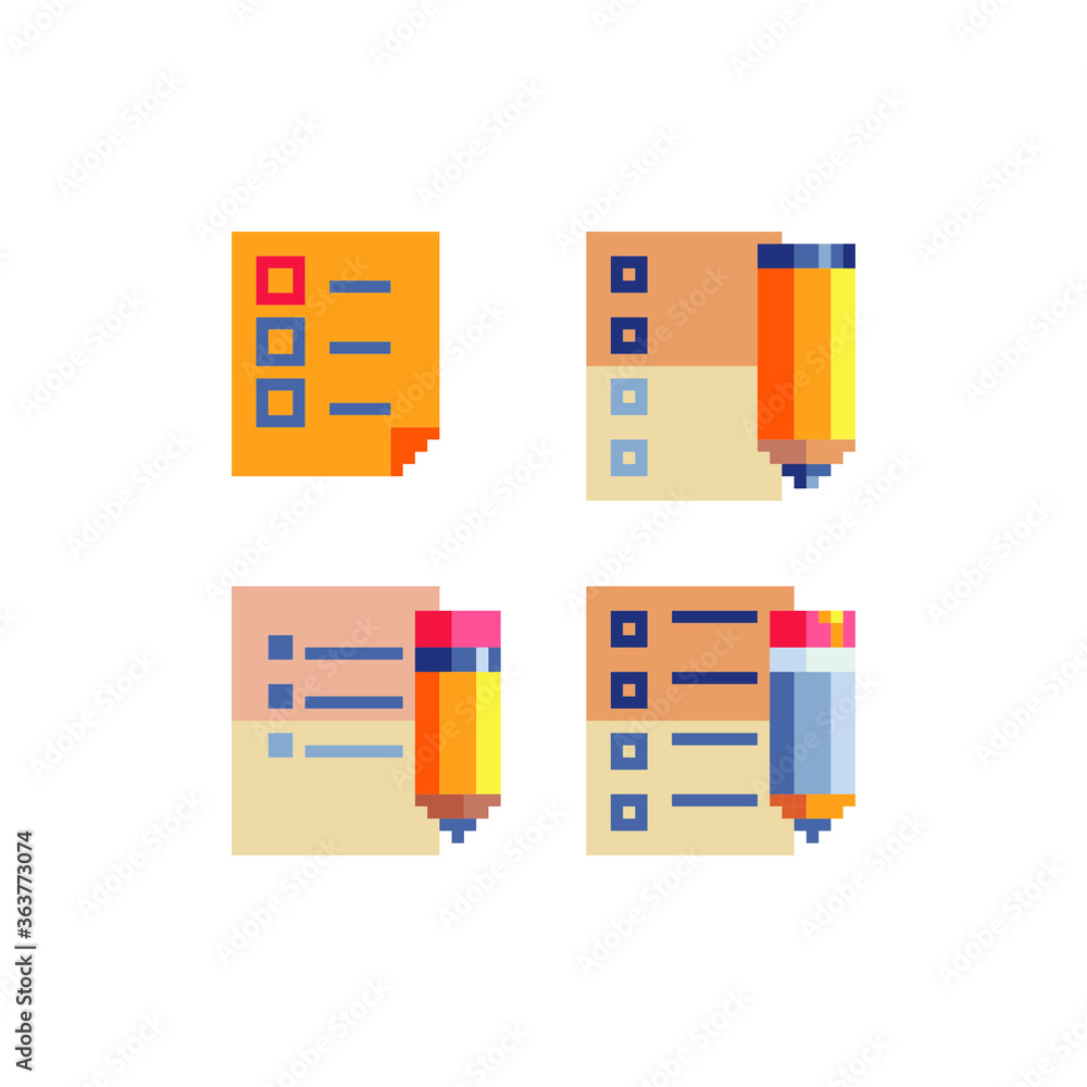 Task icons, Checklist with pencil. Pixel art flat style. Contact form ...
