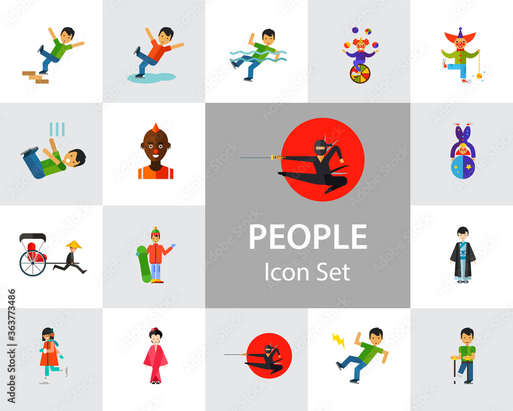 People icon set. Falling down the stairs, slipping, snowboarder, ninja ...