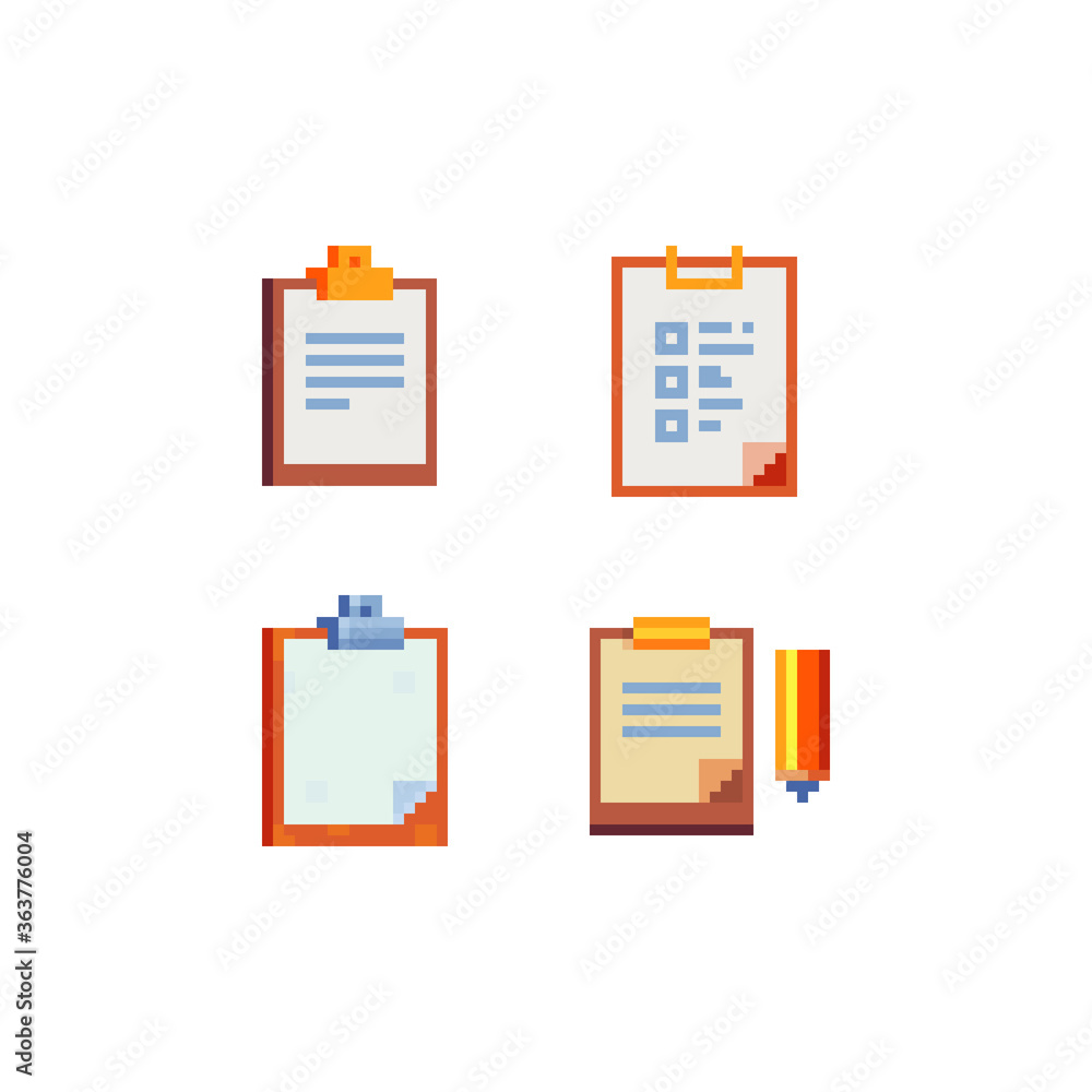 Clipboard for notes with clean sheet of paper pixel art icons set ...