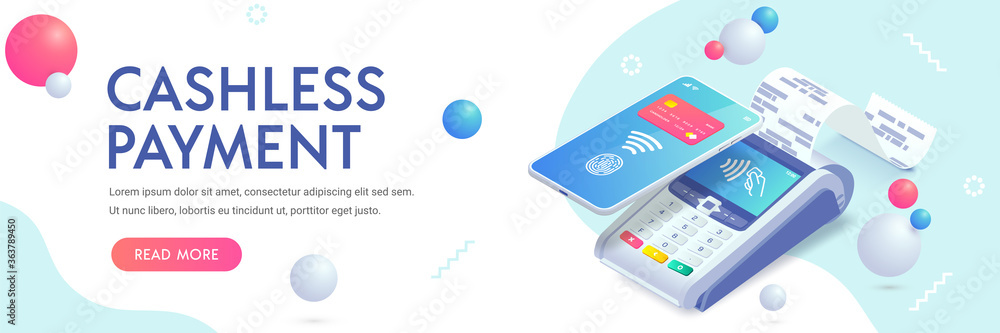 Cashless payment via smartphone isometric abstract banner concept. 3d payment machine, mobile ...