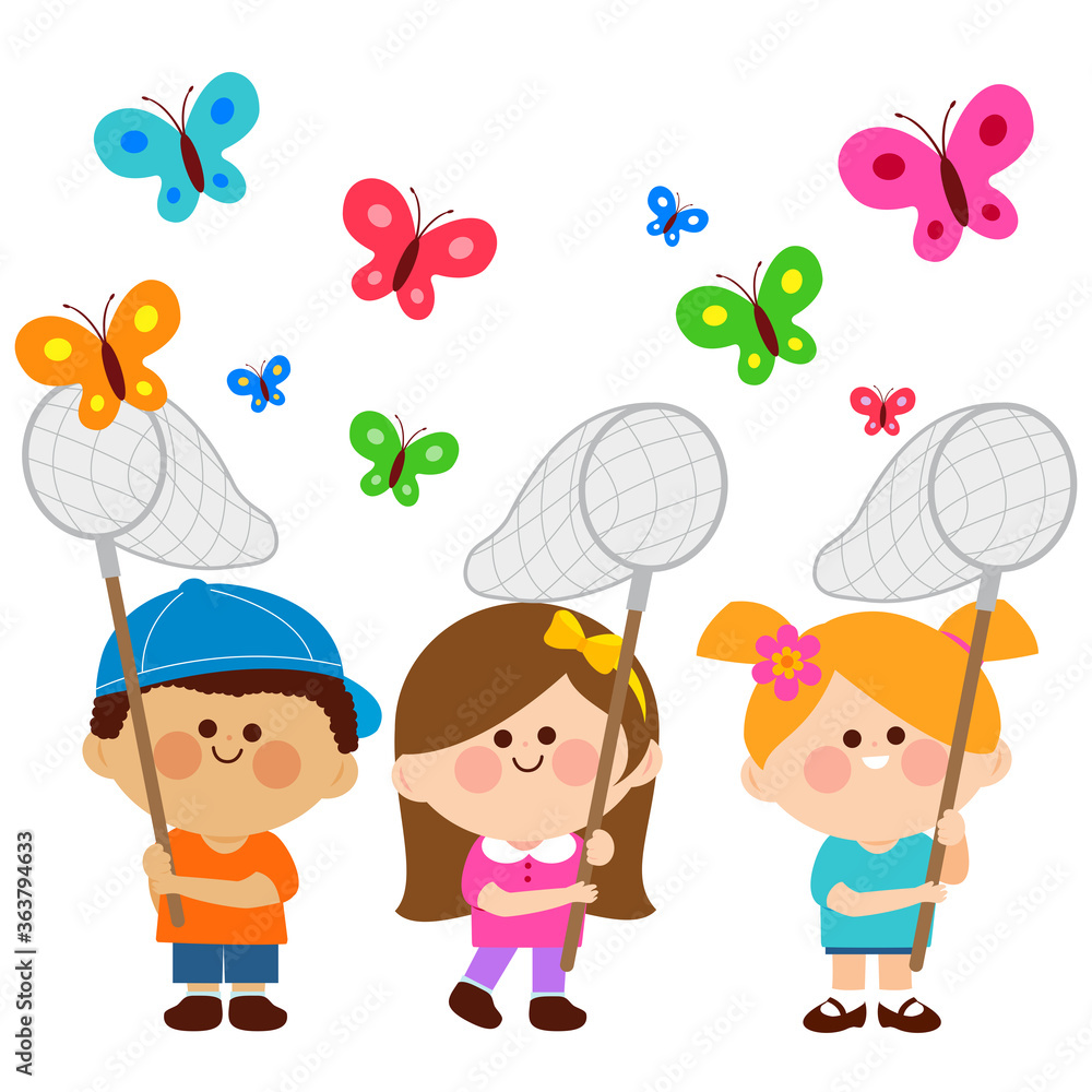Children catching butterflies. Vector illustration Stock Vector | Adobe ...