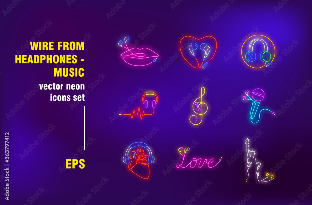 Wire earphones neon signs set. Sound gadget, headphones, listening to ...