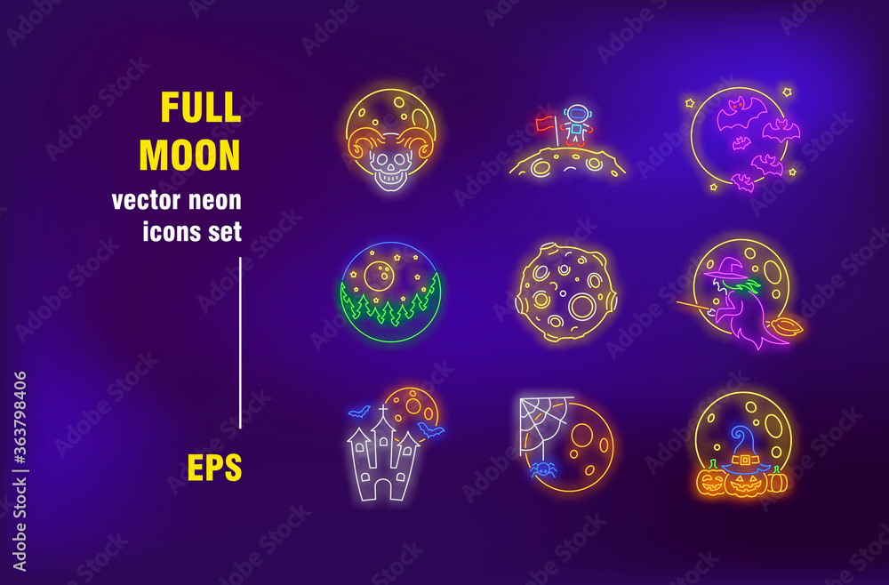 Full moon neon signs set. Halloween pumpkins, witch on broom, bats ...