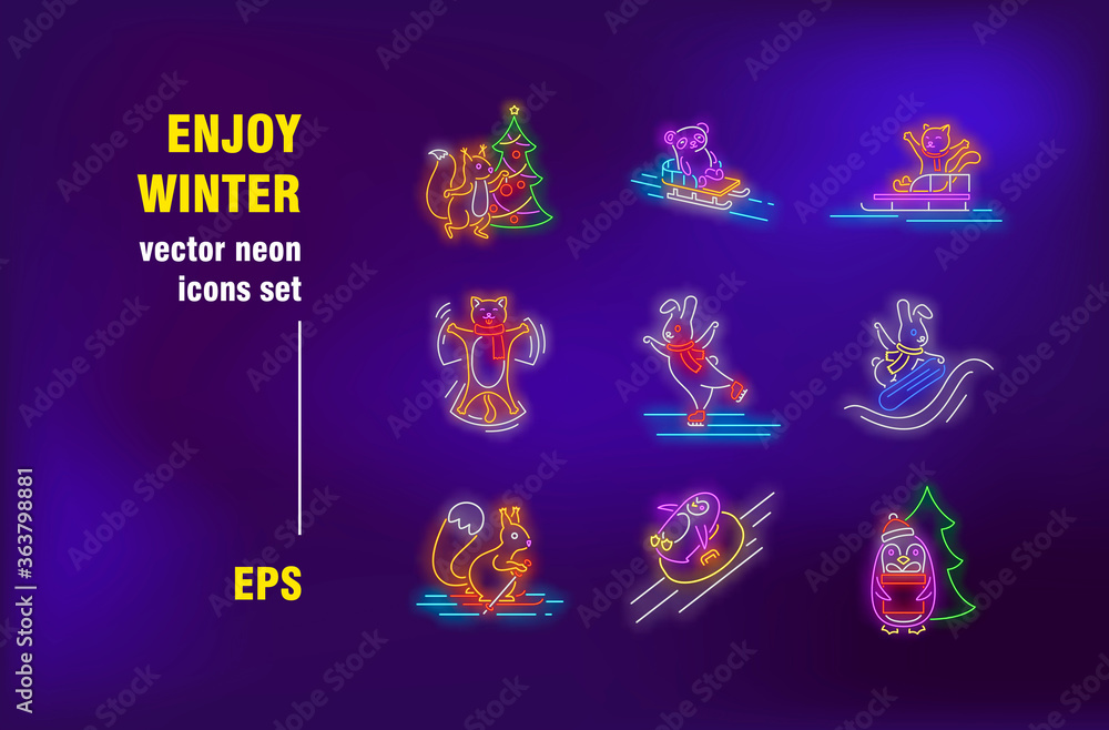 Enjoy winter neon signs set. Cute cartoon animals skating on ice ...